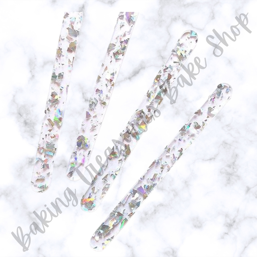 Flake Glitter Acrylic Popsicle Sticks- Silver – Baking Treasures Bake Shop